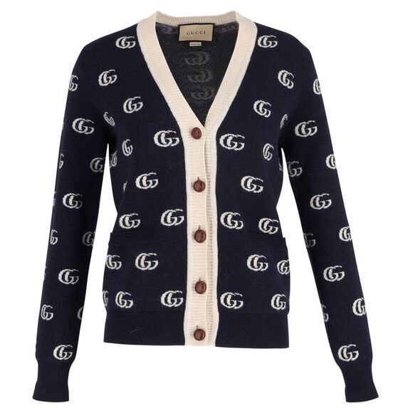 Gucci | Sweaters | Gucci Double G Cardigan In Blue Jacquard Wool | Poshmark